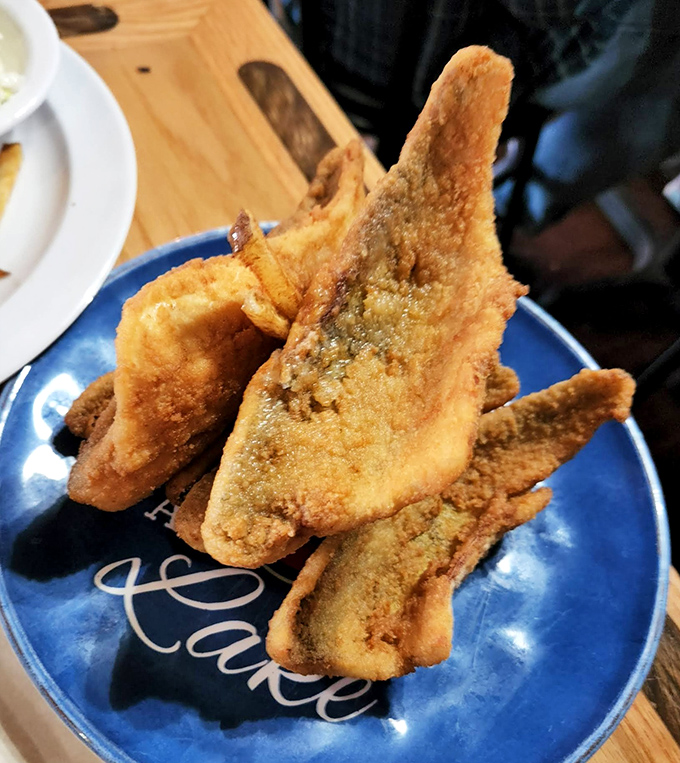Golden-brown perch fillets stacked like treasure on a blue plate. This isn't just fried fish – it's Ohio's culinary heritage wearing a perfectly crispy jacket.