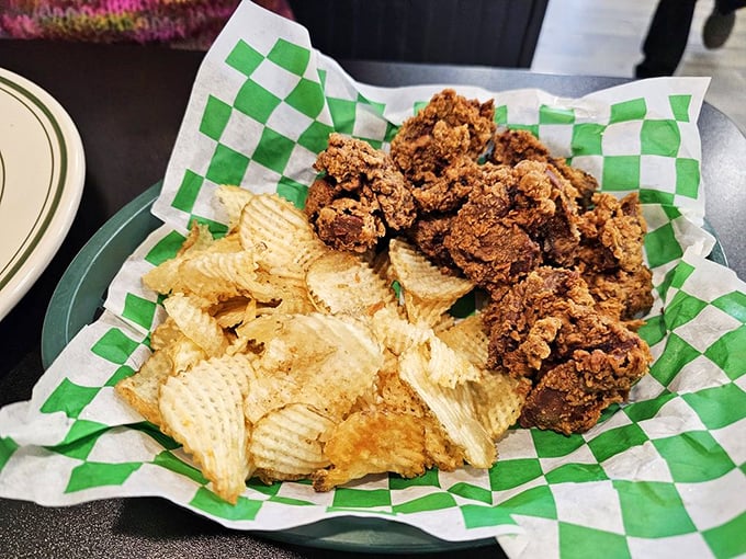 The menu reads like a love letter to classic American comfort food, with "Damascus Favorites" showcasing the legendary chicken and waffles.