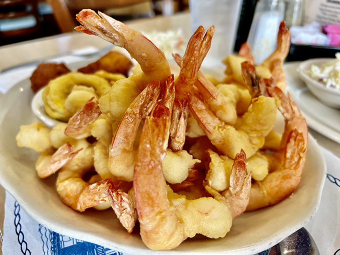 Golden-battered shrimp standing at attention, as if auditioning for the seafood hall of fame. Worth every minute in line.
