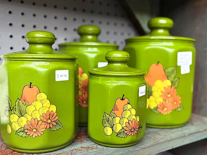 These avocado green canisters aren't just kitchen storage—they're the 1970s distilled into ceramic form. Your mother probably had these!