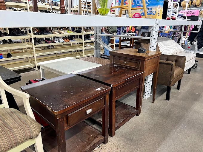 These wooden end tables aren't just furniture—they're time travelers from different decades, waiting for their next chapter in someone's home.