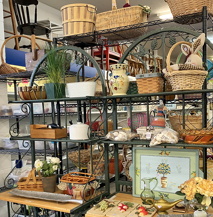 Wicker baskets, ceramic treasures, and vintage decor create a three-dimensional Pinterest board you can actually touch and take home.