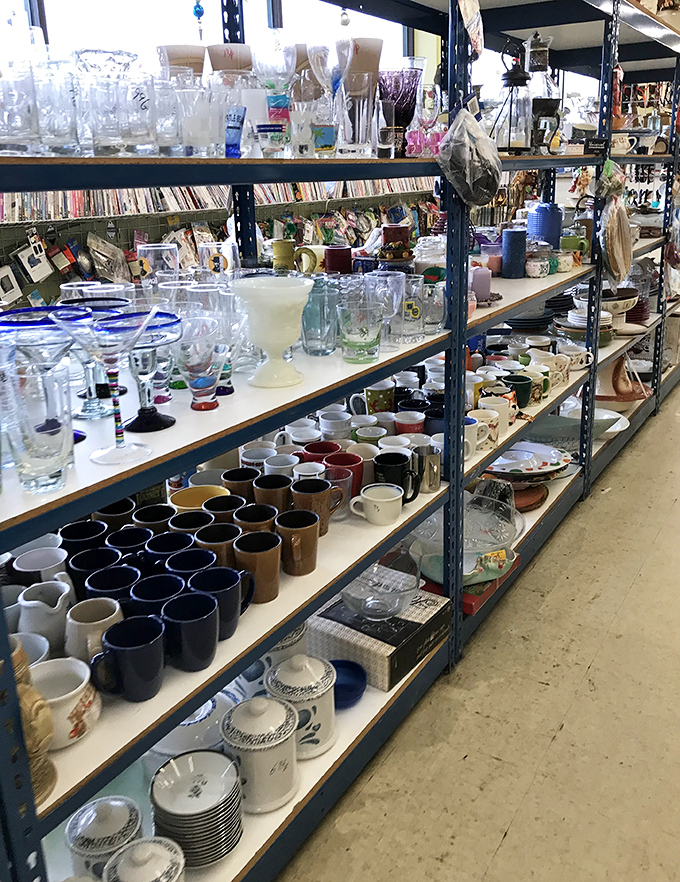 Shelves overflow with glassware treasures that would make your grandmother's china cabinet jealous.