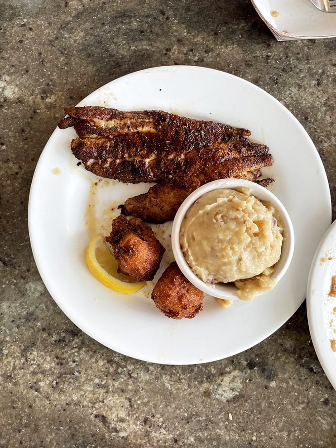 Blackened perfection meets comfort food – this fish filet wears its seasoning like a badge of honor alongside creamy mashed potatoes.