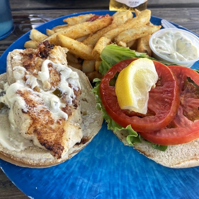 The star of the show in all its glory—a grouper sandwich that makes other fish sandwiches feel deeply inadequate about their life choices.
