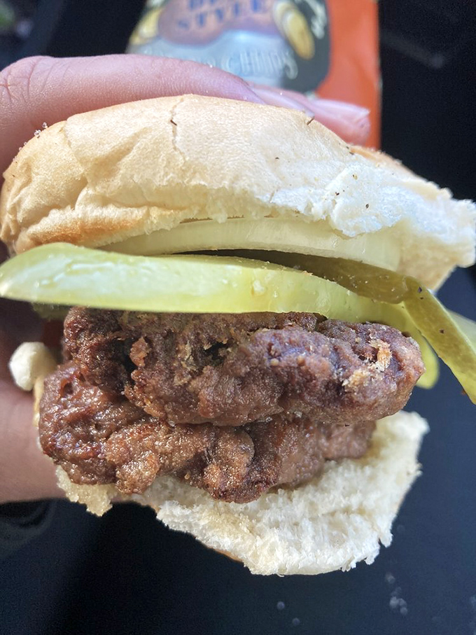 The star of the show in all its glory—a perfectly seasoned patty with pickle and onion on a soft bun. Minimalism never tasted so magnificent. 