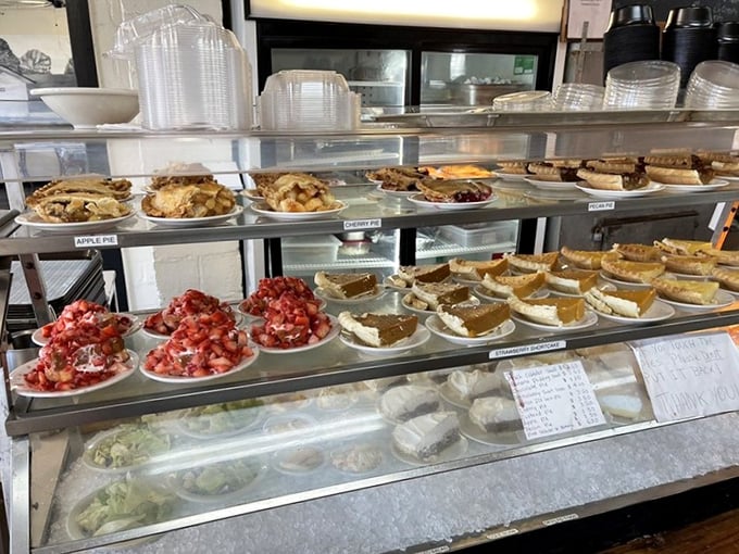 Dessert heaven awaits! The pie case at Matthews doesn't just tempt—it practically issues a moral challenge to save room.