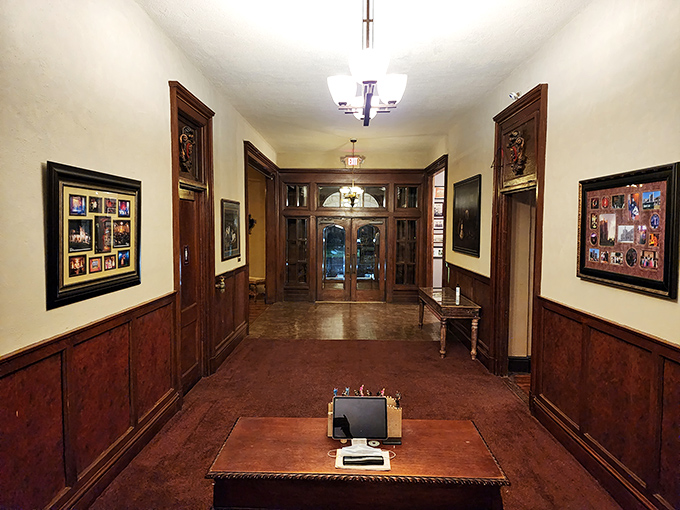 The entryway's rich wood paneling and vintage details transport visitors to another era—no DeLorean required. 