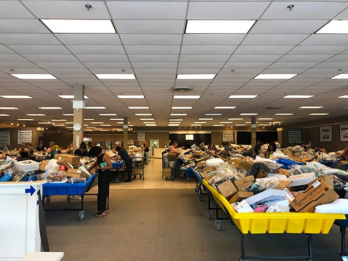 Treasure hunting goes industrial-scale with these massive blue bins. It's like a garage sale crossed with an archaeological dig, minus the dirt.