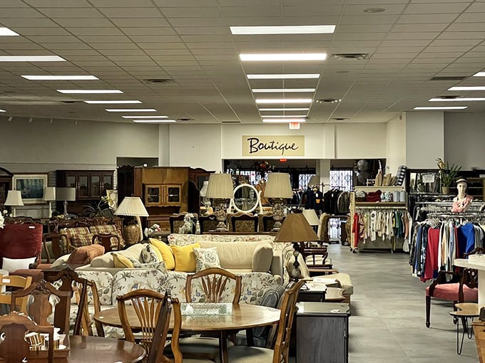 The thrifter's version of heaven—where sofas with good bones meet lamps with character in a fluorescent-lit paradise of possibility.