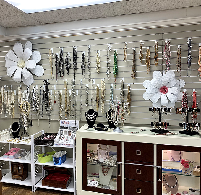 Jewelry displays that sparkle with possibility – from costume pieces to hidden gems, all arranged with the care of a high-end boutique.