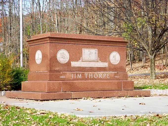 A tribute in stone to the legendary athlete who gave the town its name. Jim Thorpe's memorial stands as a quiet reminder of greatness amid Pennsylvania's mountains.