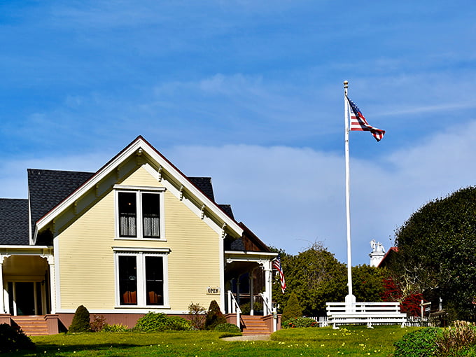 The Kelley House Museum stands as a sunny sentinel to Mendocino's past, complete with white picket fence that practically demands a Norman Rockwell painting.