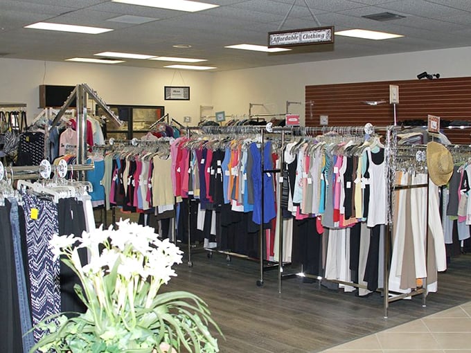 The "Affordable Clothing" sign might be the understatement of the year – these racks hold everything from casual tees to gala-worthy evening wear. P