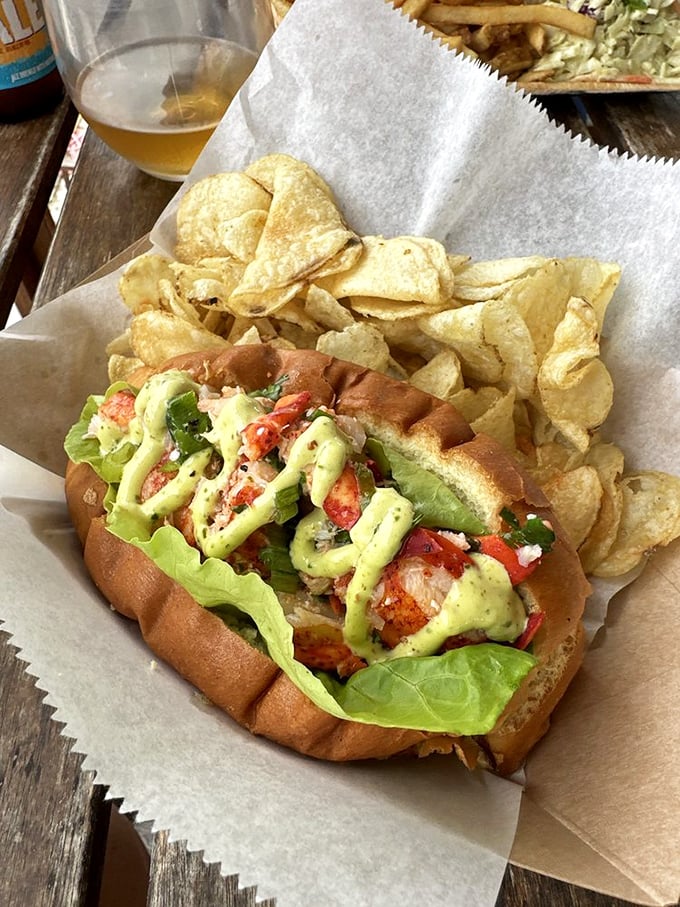 Fresh lobster nestled in a pillowy roll with a splash of color from fresh veggies—proof that simplicity, done right, is the ultimate luxury.
