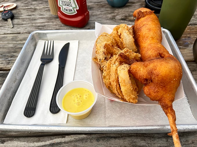 This isn't just any corndog—it's seafood elevated to carnival-worthy fun. Like finding out your childhood favorite grew up and got sophisticated.
