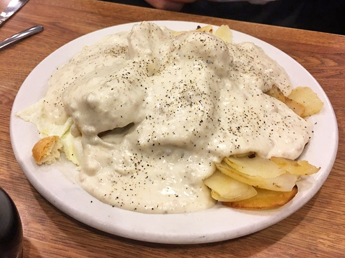 Behold the breakfast of champions! This plate doesn't just feed you—it hugs you from the inside out. The gravy-to-potato ratio is nothing short of mathematical perfection.