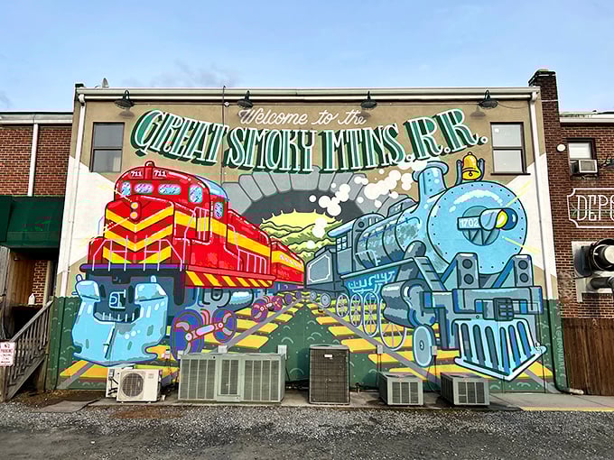 This vibrant mural doesn't just decorate a wall—it tells a story of American ingenuity and the romance of rail travel through colorful locomotives.