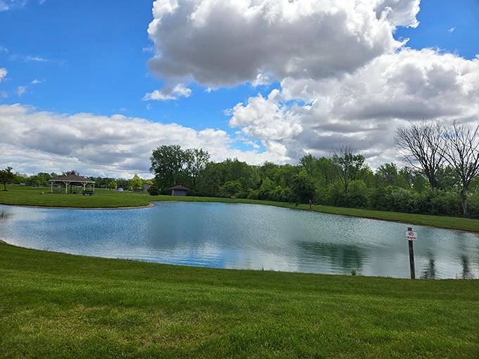 Oakwood Park's serene pond reflects clouds like nature's own meditation app—except this one doesn't require a subscription or software updates.