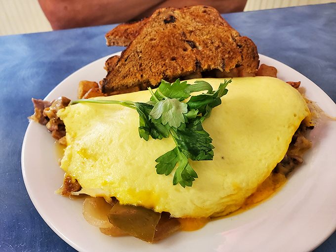 Behold the omelet in its natural habitat—perfectly folded, generously filled, and garnished with parsley like it's dressed for a special occasion.