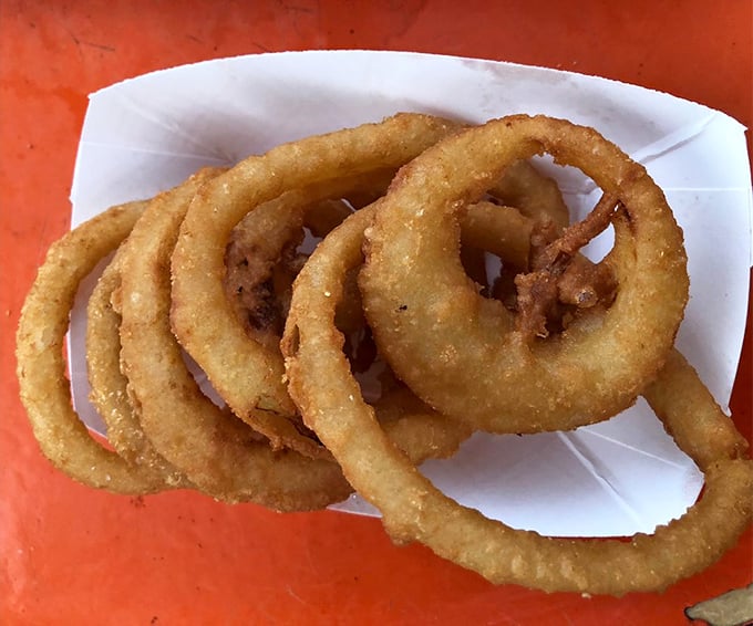 Golden-brown onion rings stacked like delicious Olympic rings – crispy, not greasy, and worth every calorie-laden bite.