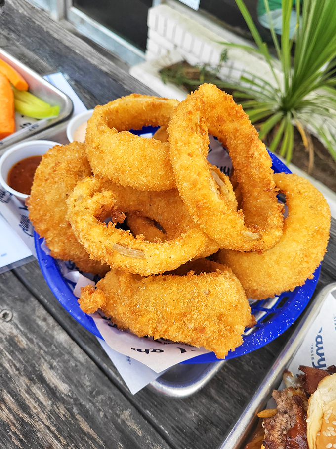 Golden halos of crispy perfection. These onion rings aren't just side dishes—they're the supporting actors who sometimes steal the whole show. 