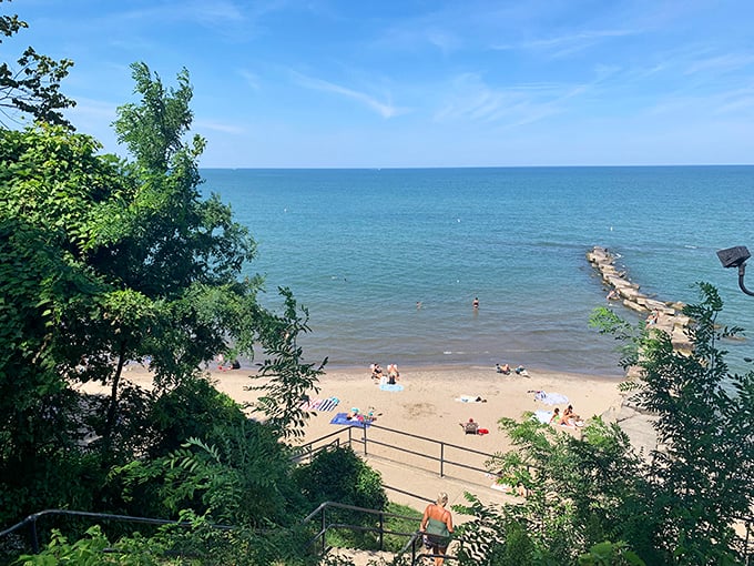 From this elevated perch, the beach reveals itself as a perfect crescent of sand, with Cleveland's skyline playing supporting actor.