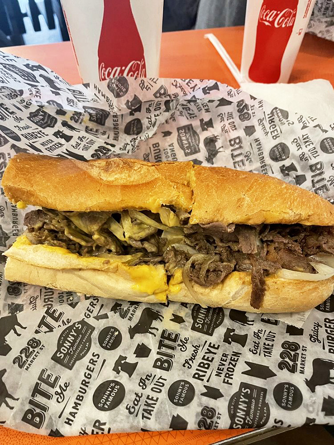 Behold the holy grail of Philadelphia cuisine – thinly sliced ribeye and molten cheese embraced by a perfect roll. Poetry in sandwich form.
