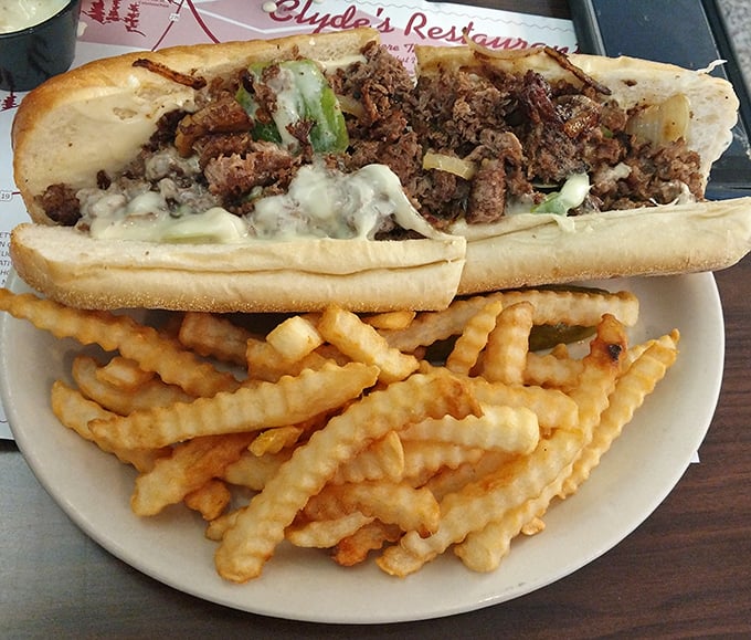 That Philly cheesesteak isn't messing around—tender beef, melty cheese, and those perfectly crispy crinkle-cut fries are calling your name.