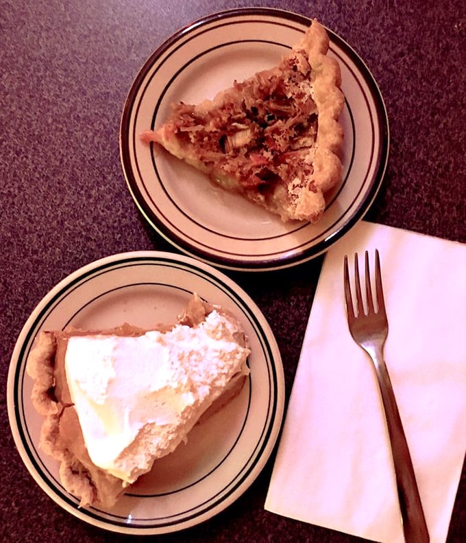 Two slices of heaven on classic diner plates—cream pie that would make your grandmother jealous and a savory pizza slice that proves Mom's doesn't just do one thing well.