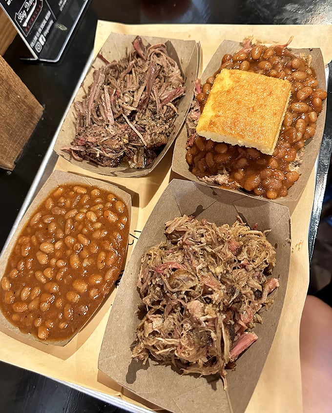 Behold, the main event: pulled pork and BBQ beans with cornbread. If Michelangelo sculpted in meat instead of marble, this would be his David.