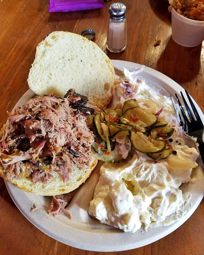 This pulled pork sandwich isn't just a meal—it's an event. That heap of smoky, tender pork practically begs you to unhinge your jaw like a python.