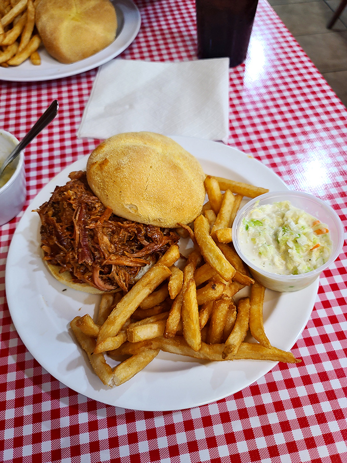 The star of the show arrives: pulled pork piled high with golden fries and creamy slaw. This sandwich doesn't need Instagram filters – it's naturally photogenic.
