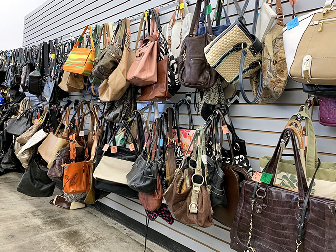 Handbag heaven! Designer purses mingle with everyday totes like celebrities at a neighborhood block party.