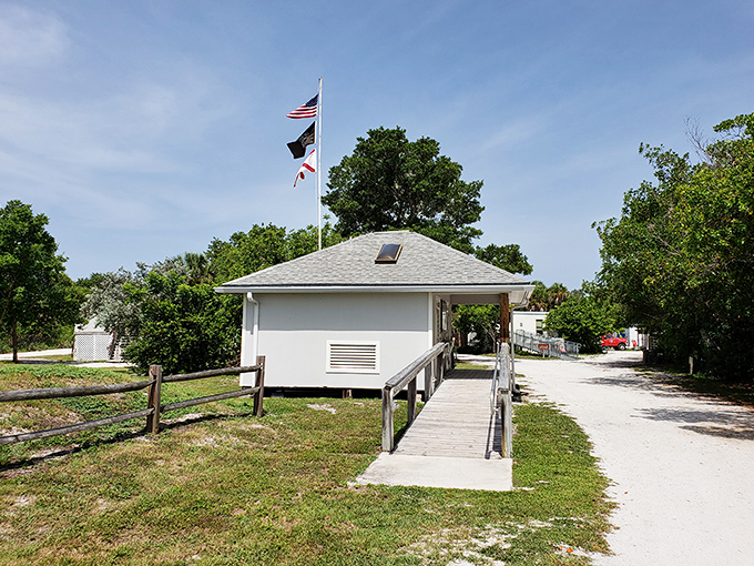 Island infrastructure that doesn't spoil the view. This ranger station serves as civilization's modest ambassador to wilderness. 