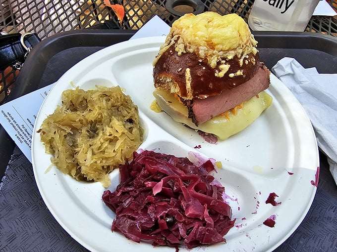 The legendary Reuben arrives like edible architecture: corned beef stacked high, sauerkraut tumbling, Swiss melting into homemade rye. Worth every mile driven.
