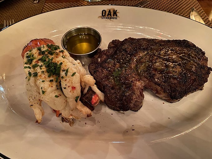 Surf meets turf in perfect harmony—a ribeye with a crust that could make a baker jealous alongside crab that practically begs for its close-up.