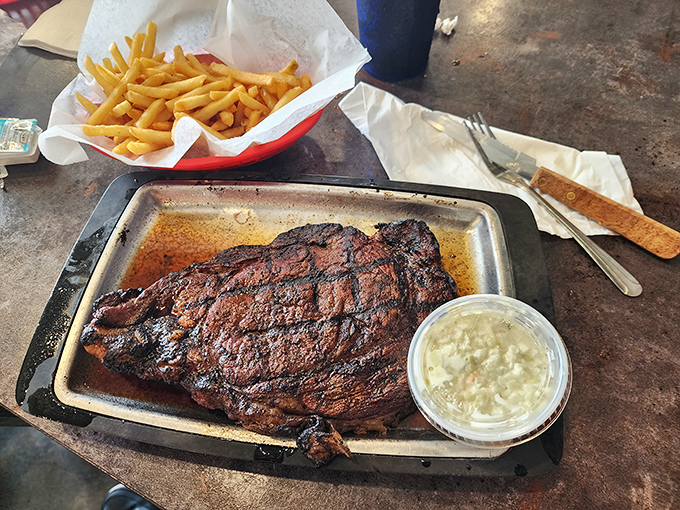 This isn't just a steak; it's a declaration of beef independence. The perfectly charred exterior gives way to juicy perfection that makes vegetarians question their life choices.