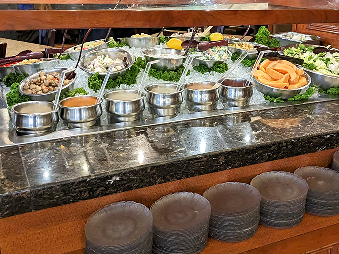The legendary salad bar – where vegetables go to fulfill their destiny. Fresh, crisp, and meticulously maintained, it's the unsung hero of the Suburban Diner experience.