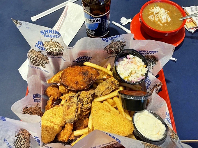 The seafood platter that answers the eternal question: "Why choose one when you can have it all?" Crispy treasures nestled in a basket—seafood nirvana achieved.