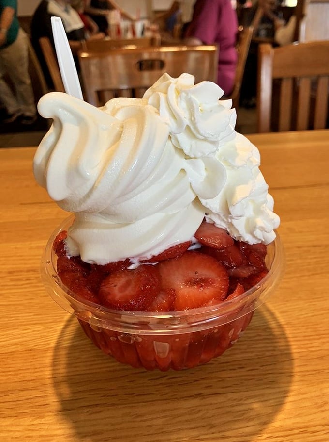 Behold the star of our show—strawberry shortcake that makes time stand still, crowned with a cloud of whipped cream that defies gravity.