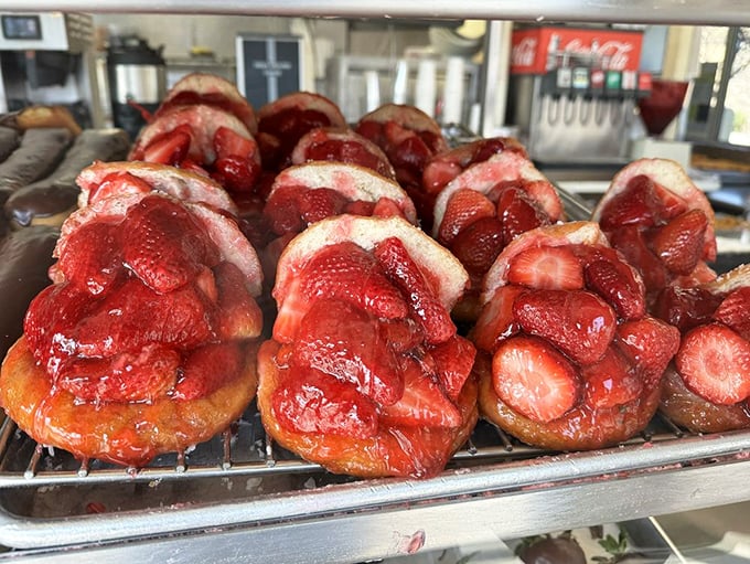 Not just strawberry donuts—edible jewelry boxes bursting with ruby-red fruit. Each one contains more berries than most strawberry shortcakes dare to dream about.