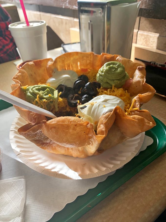 Behold the taco salad that's become the stuff of Central Valley legend – crispy, fresh, and absolutely magnificent.