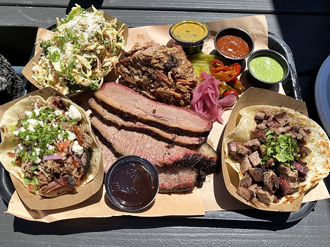 This spread isn't just a meal—it's a full-blown meat pageant with brisket as the crowned champion.
