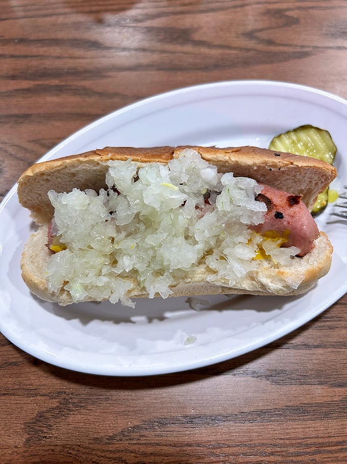 This isn't just a hot dog—it's a Gettysburg peace treaty between bun and frank, where sauerkraut plays neutral mediator to delicious effect.