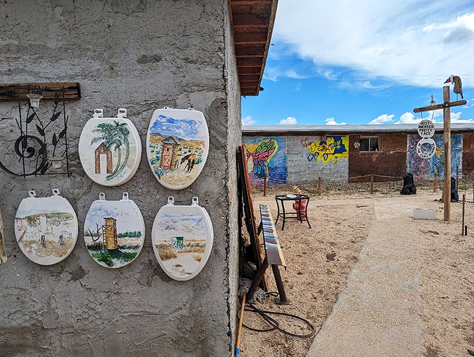 Desert creativity knows no bounds—even toilet seats become canvases at this quirky art installation, where one person's bathroom fixture is another's masterpiece.