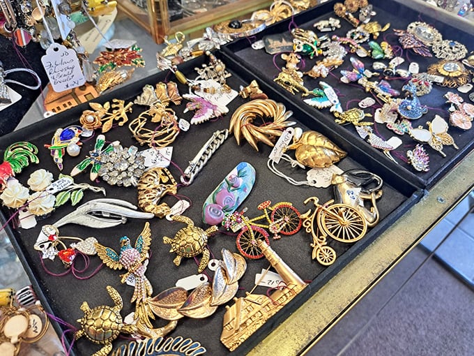 Treasure hunting at its finest! Each brooch tells a different story – from that miniature bicycle to the golden turtle that's clearly seen some adventures. 