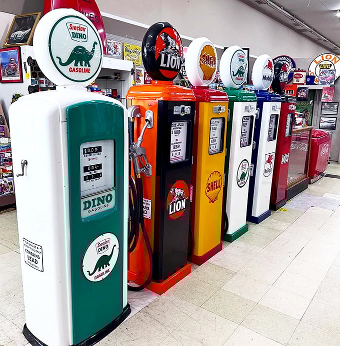 Gas pumps from when attendants wore bow ties and checked your oil. Sinclair's dinosaur logo reminds us these relics are indeed from another era.