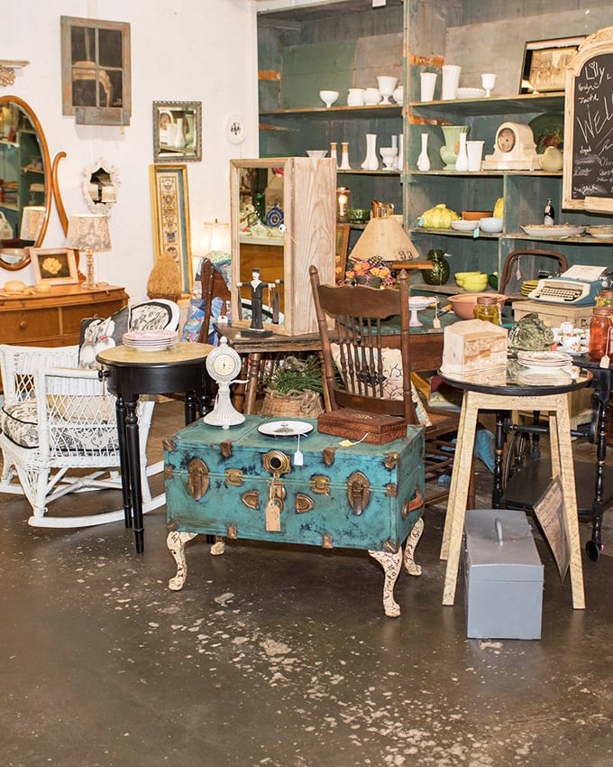A turquoise trunk that's seen more adventures than Indiana Jones sits among carefully curated furniture pieces waiting for their second act.
