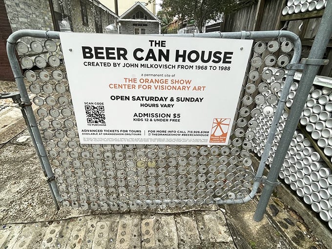 Even the welcome sign stays on-brand! This information display cleverly incorporates beer cans into its frame—waste not, want not.